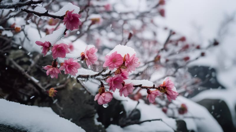 A Tree with Pink Flowers Covered in Snow. AI Generative Image. Stock ...