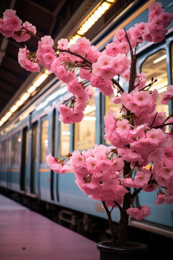 A Tree with Pink Flowers Next To a Train Stock Illustration ...