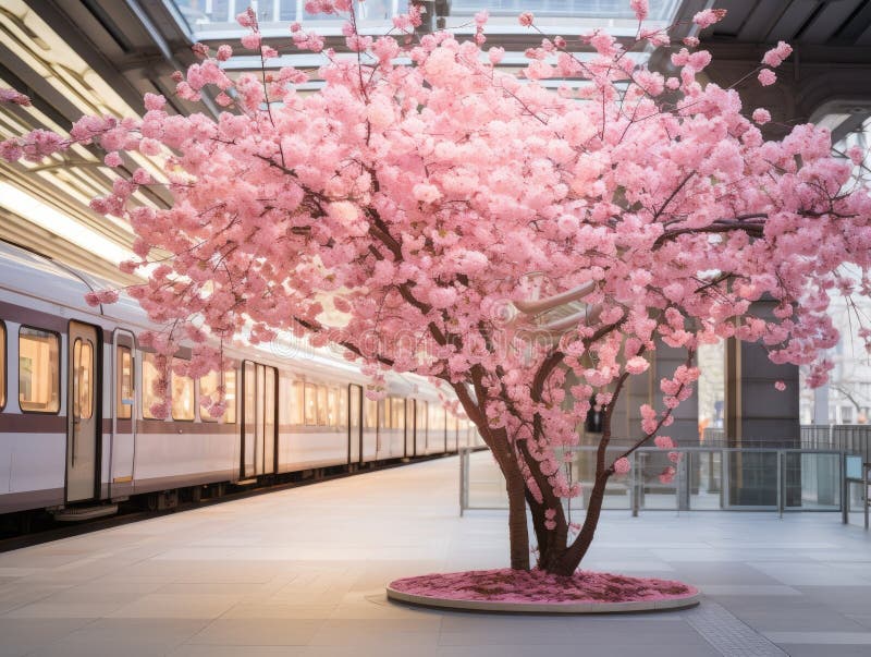 A Tree with Pink Flowers in a Train Station Stock Illustration ...