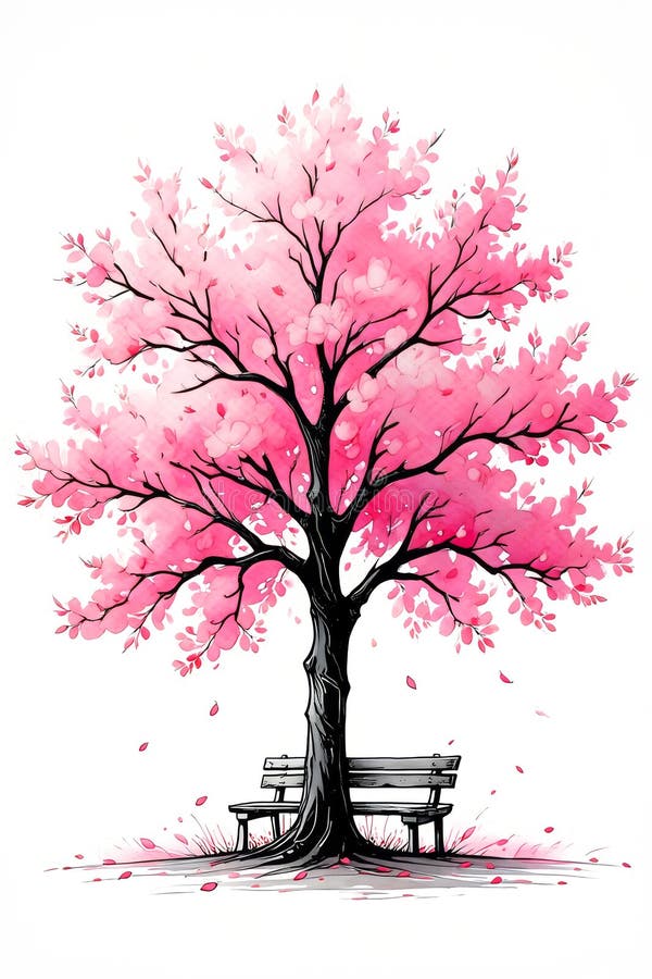 Tree with Pink Leaves Sits in Front of a Bench Stock Image - Image of ...