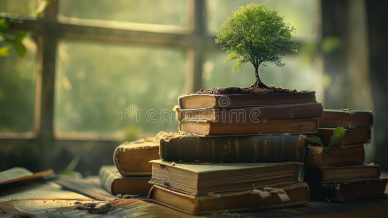 A Tree is Planted in a Book Stack. Environmental Concept Stock Photo ...