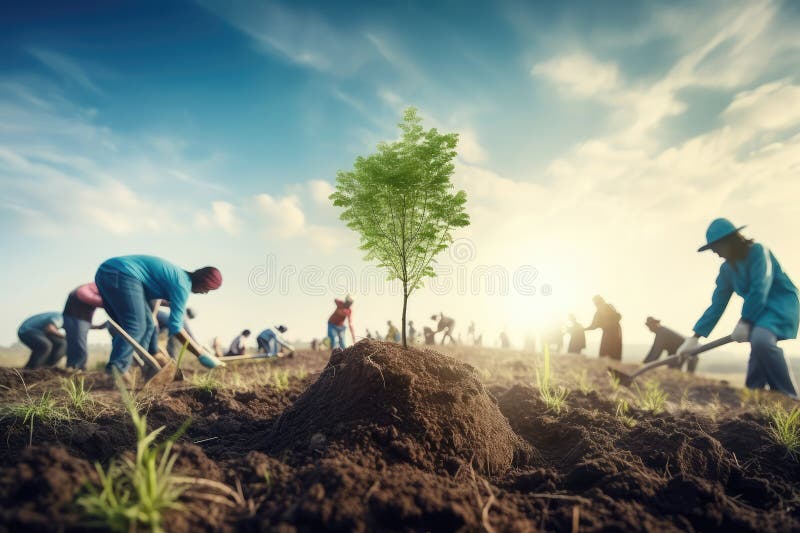 Tree Planting and Earth with Volunteering Hands on Blur Blue Sky and ...
