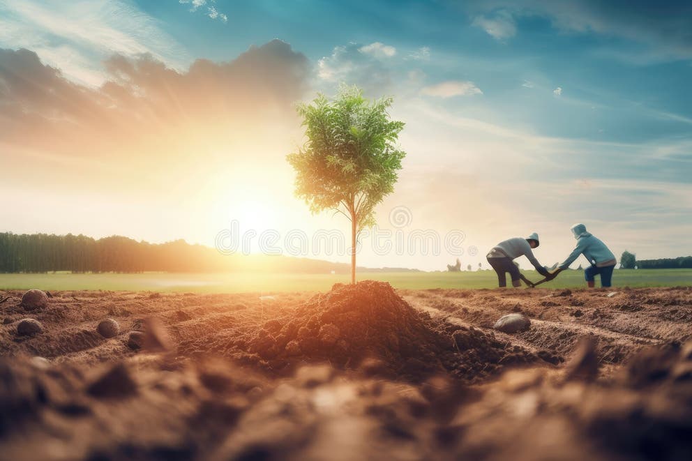 Tree Planting and Earth with Volunteering Hands on Blur Blue Sky and Green Background. Stock ...