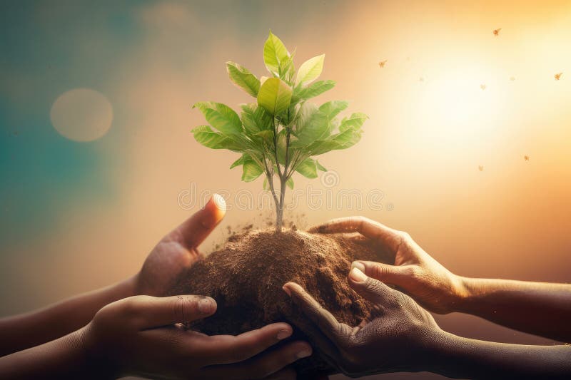 Tree Planting and Earth with Volunteering Hands on Blur Blue Sky and ...