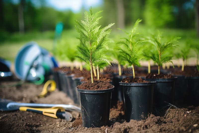 Tree Planting Efforts with Young Seedlings and Tools Stock Photo ...