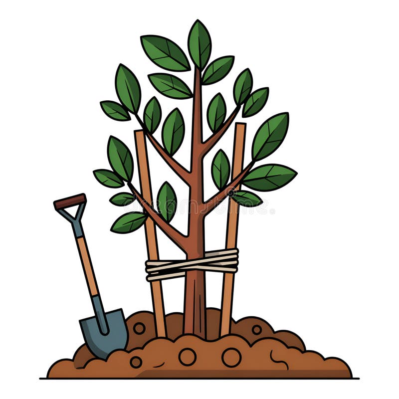 Tree Planting with Shovel and Support Sticks in Soil Illustration ...