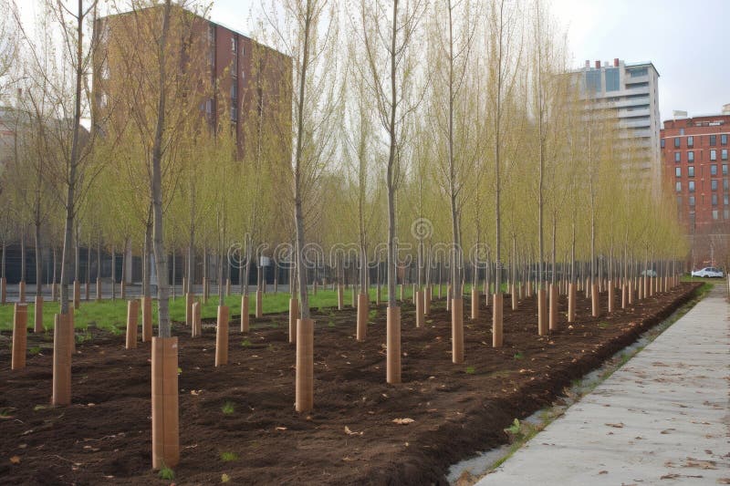 Tree Planting in Urban Environment, with Rows of Newly Planted Trees ...