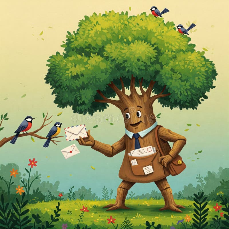 A Tree Postman Distributes Letters To Forest Birds. Stock Photo - Image ...