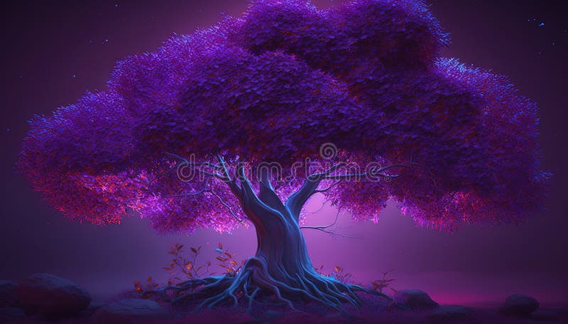 A Tree with Purple Leaves and a Purple Sky in the Background Stock ...