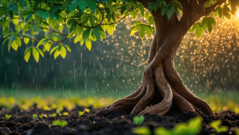 Serene Rain Shower on Twisted Bonsai Tree Roots Stock Illustration ...