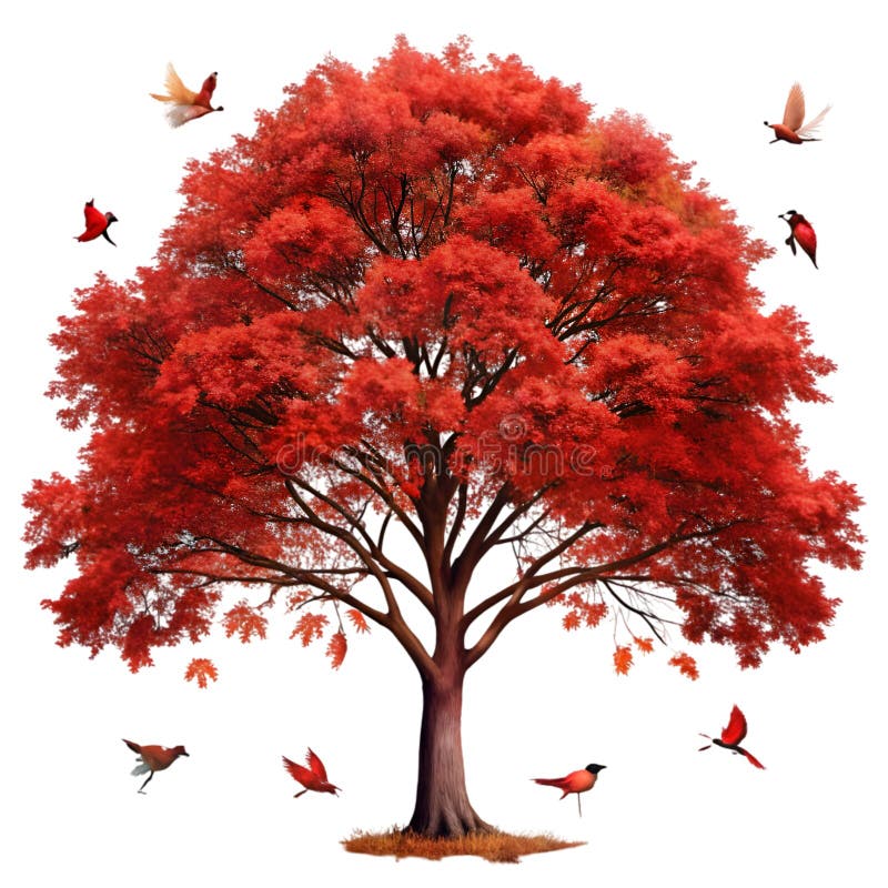 Tree with Red Foliage and Birds Stock Illustration - Illustration of ...