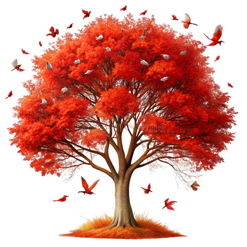Tree with Red Foliage and Birds Stock Illustration - Illustration of ...