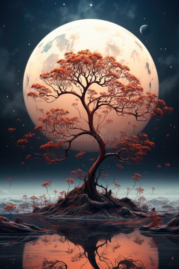 A Tree with Red Leaves and a Full Moon in the Background, AI Stock ...