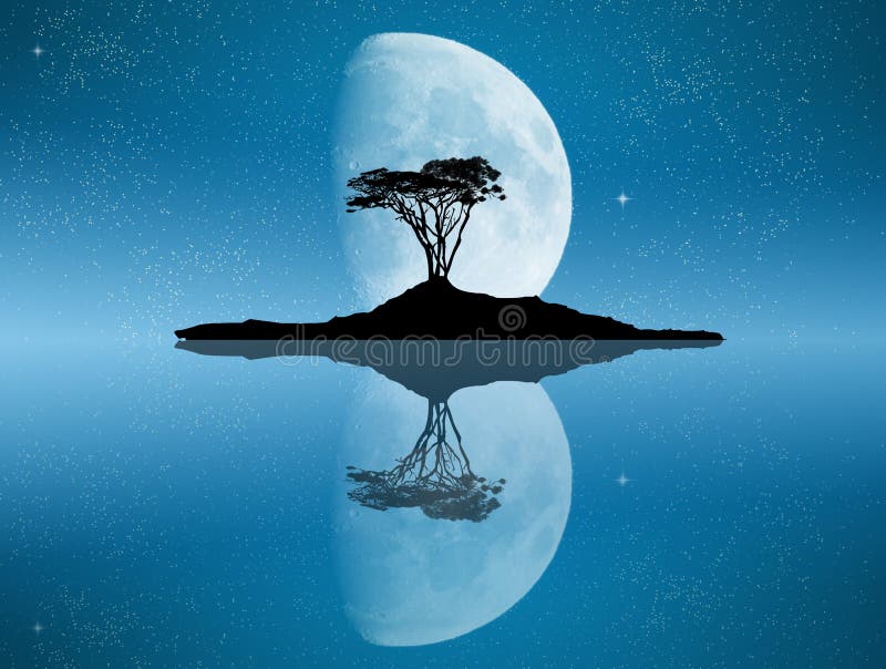 Tree Reflected in the Moonlight Stock Illustration - Illustration of ...