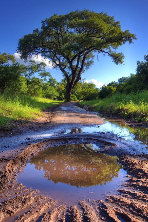 A Tree is Reflected in a Puddle of Water on a Dirt Road Stock Image ...