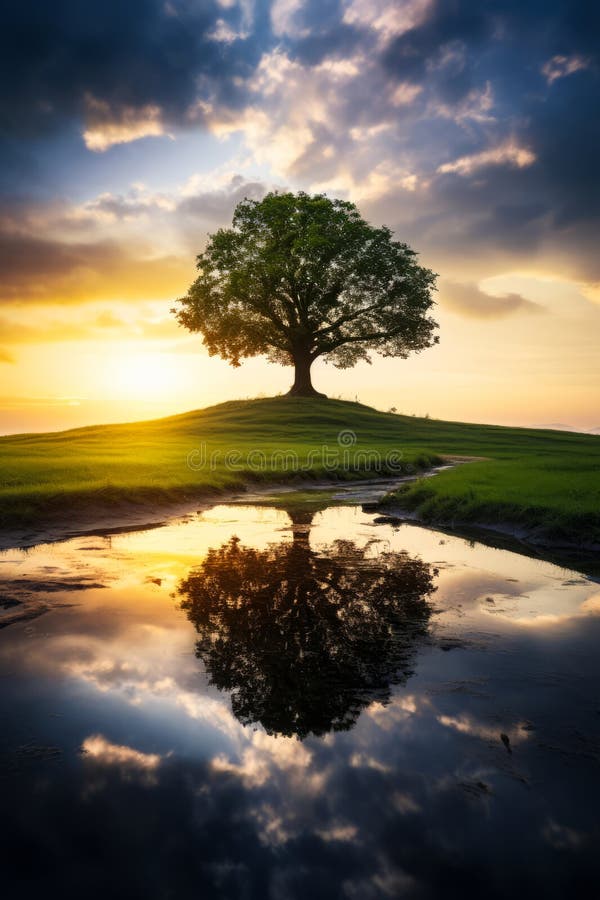 Tree is Reflected in Puddle of Water at Sunset. Generative AI Stock ...