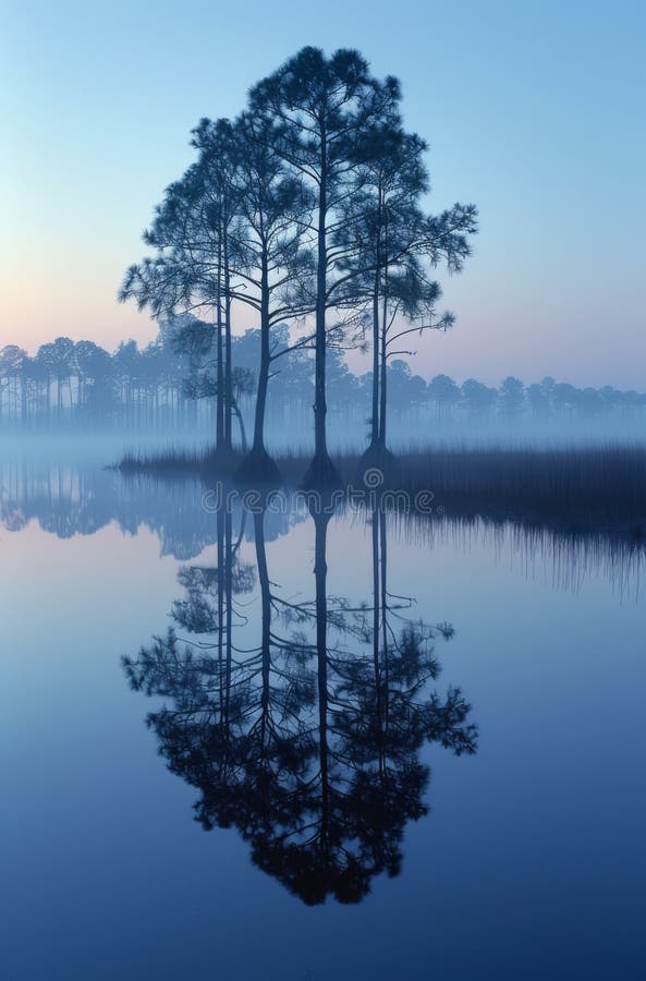 A Tree is Reflected in the Water. the Water is Calm and the Sky is Blue ...