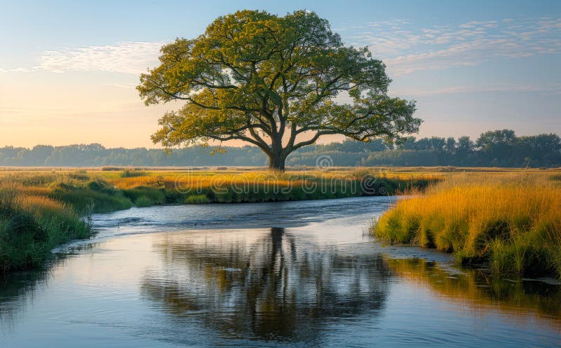 Tree Reflecting in River at Dawn. a Large Tree Stands in the Middle of ...