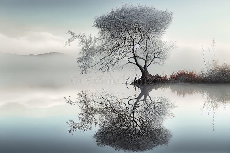 Tree Reflection , Morning Mist on Lake Stock Illustration ...