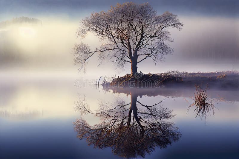 Tree Reflection , Morning Mist on Lake Stock Illustration ...