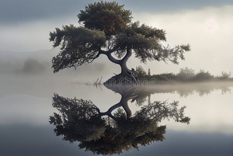 Tree Reflection , Morning Mist on Lake Stock Illustration ...