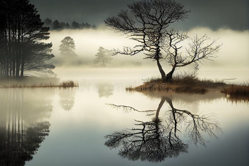 Tree Reflection , Morning Mist on Lake Stock Illustration ...