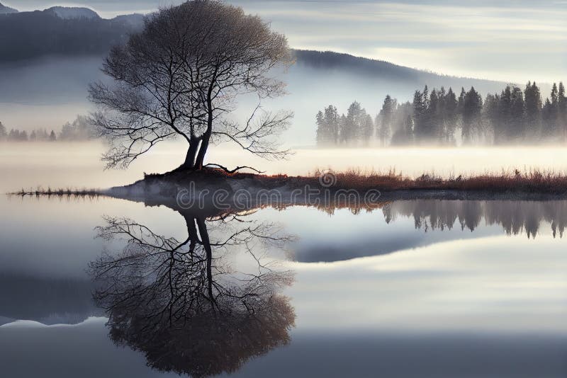 Tree Reflection , Morning Mist on Lake Stock Illustration ...