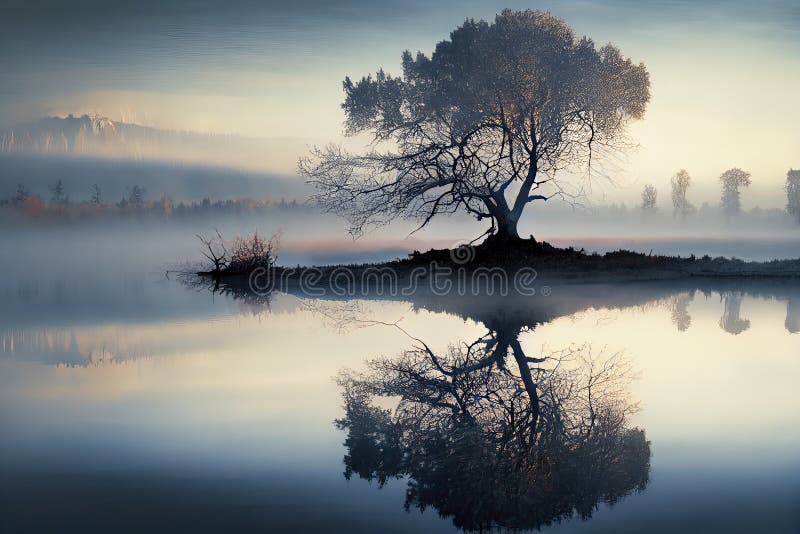 Tree Reflection , Morning Mist on Lake Stock Illustration ...