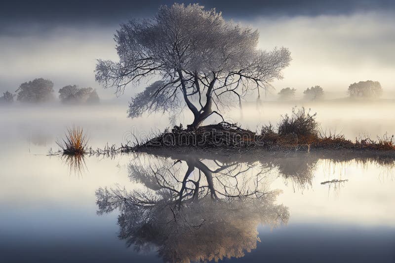 Tree Reflection , Morning Mist on Lake Stock Illustration ...