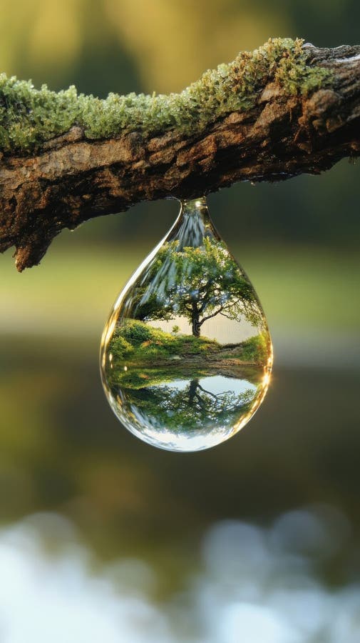 Tree Reflection in a Water Droplet on a Mossy Branch Stock Image ...