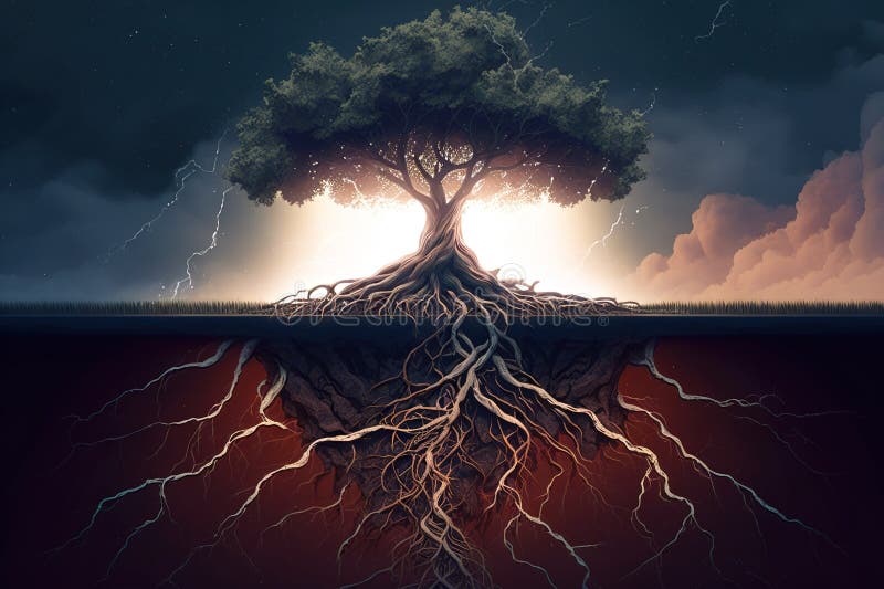Conceptual Illustration. Big Tree with Small Roots and Little Tree with ...