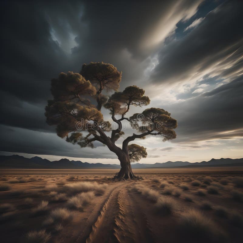 Tree on the Road in the Desert. Vintage Style Stock Illustration ...