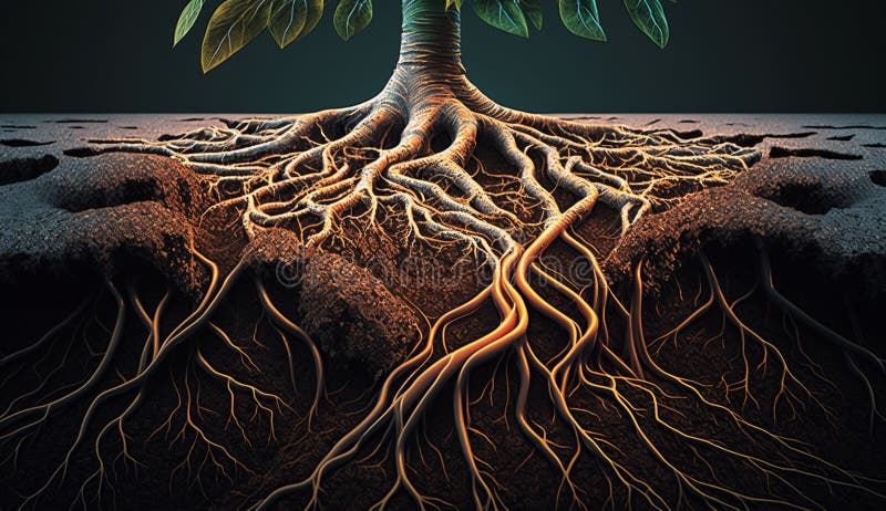 Tree Root Grows through Abstract Blue Waves Underground Generated by AI ...