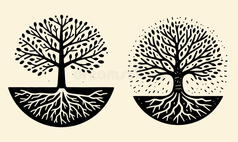 Simple Hand Drawn Tree with Roots Flat Vector Illustration Linocut ...