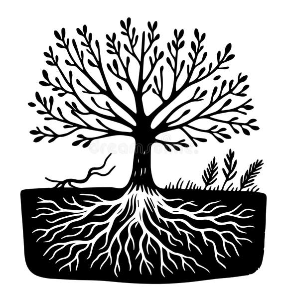 Simple Hand Drawn Tree with Roots Flat Vector Illustration Linocut ...