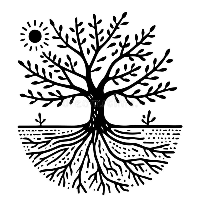 Simple Hand Drawn Tree with Roots Flat Vector Illustration Linocut ...