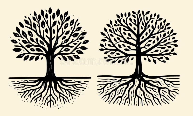 Simple Hand Drawn Tree with Roots Flat Vector Illustration Linocut ...