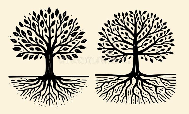 Simple Hand Drawn Tree with Roots Flat Vector Illustration Linocut ...