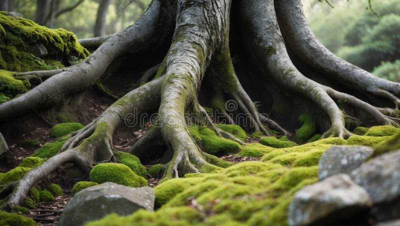 A Tree Root is Surrounded by Rocks and Moss Stock Image - Image of ...