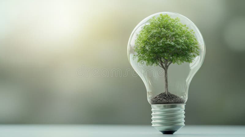 A Tree Rooted Inside a Bright Light Bulb, Representing Green Technology ...
