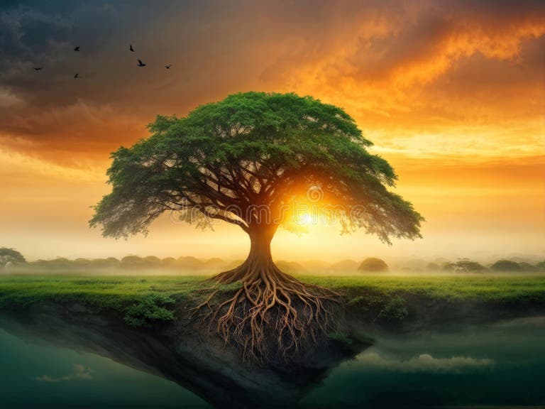 Tree and Roots of a Beautiful Sunset Stock Illustration - Illustration ...