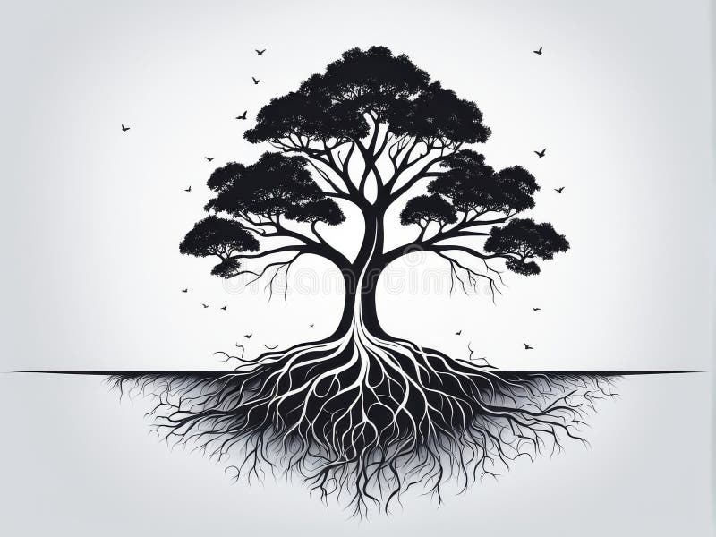 Tree with Roots, Black Background Stock Illustration - Illustration of ...