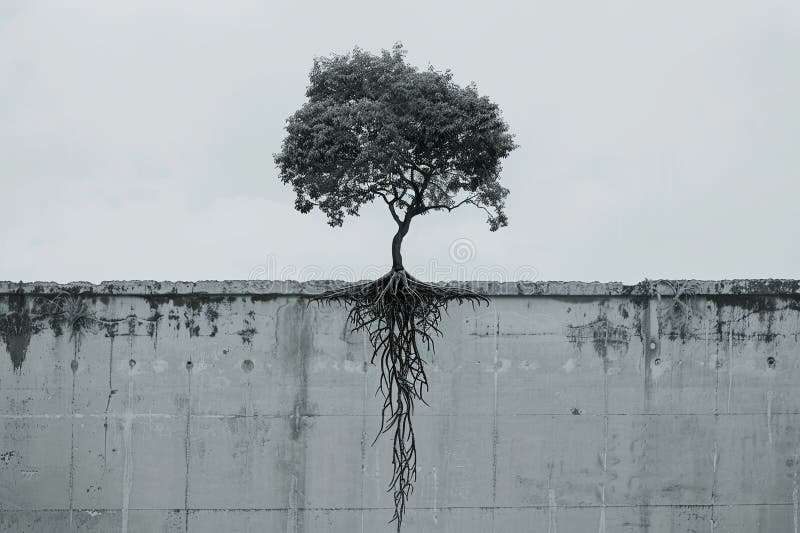 Tree with Roots Breaking through Concrete Wall Towards the Sky Stock ...