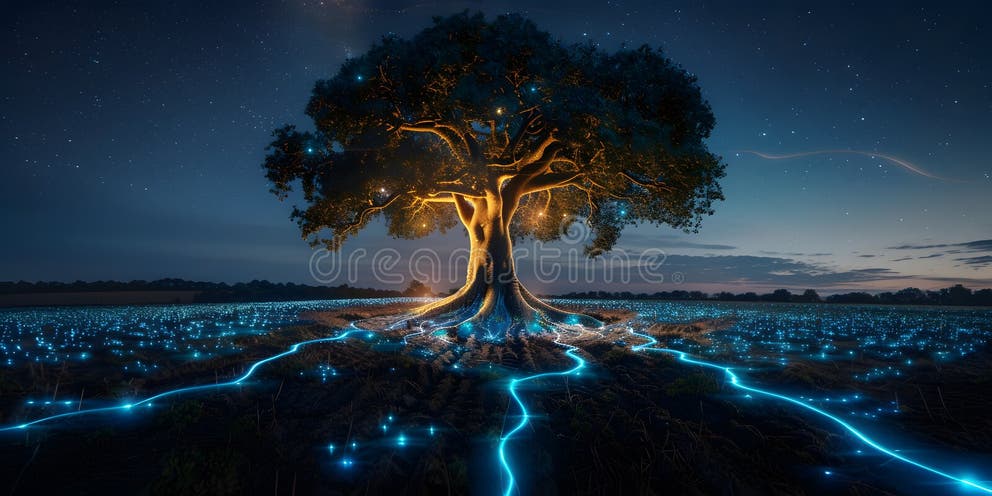 Tree with Roots on a Dark Background Stock Photo - Image of line, plant ...