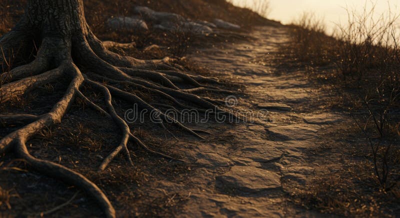 Tree Roots and Dirt Path at Sunset Hillside Stock Illustration ...