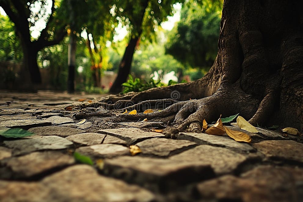 Tree Roots Embracing the Weathered Stone Pathway in a Verdant Tranquil ...