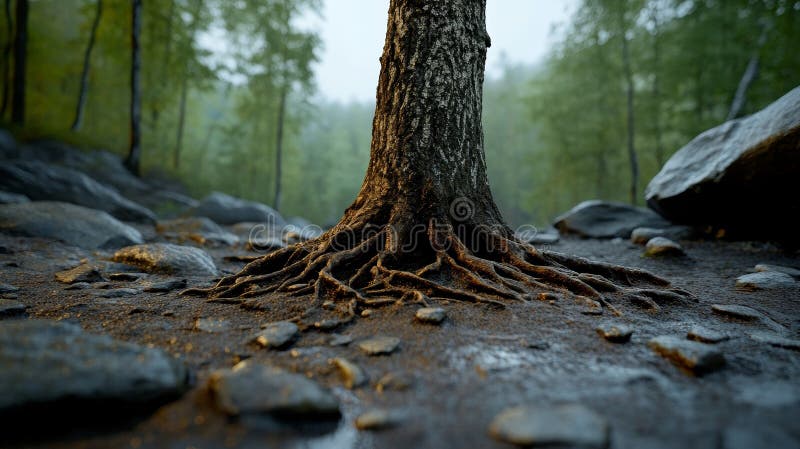 Tree Roots Emerging from Rocky Ground Symbolizing Strength Growth ...