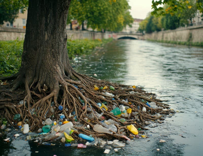 Tree Roots Entangled Plastic Pollution Urban River Stock Photos - Free ...