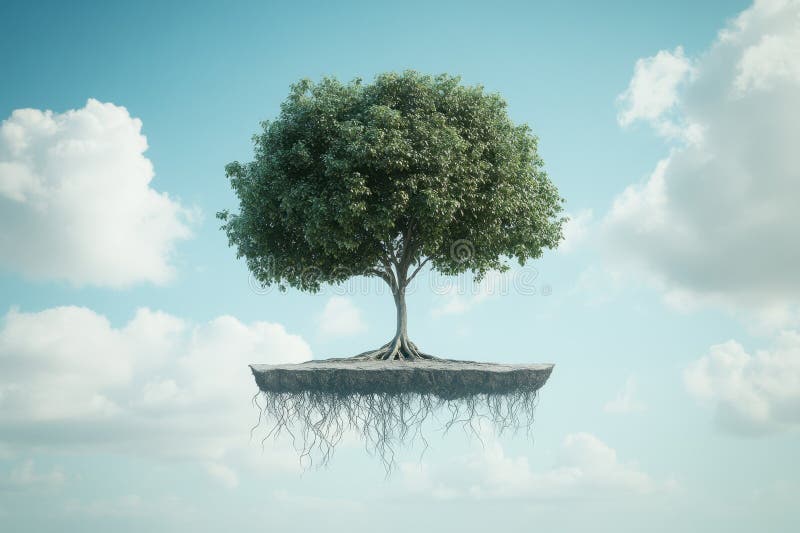 Tree with Roots Floating Above Ground in a Clear Blue Sky Stock Photo ...