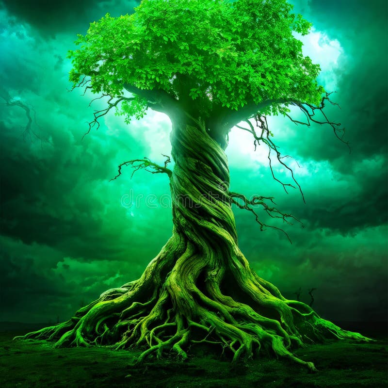 Tree with roots in forest stock illustration. Illustration of cloud ...